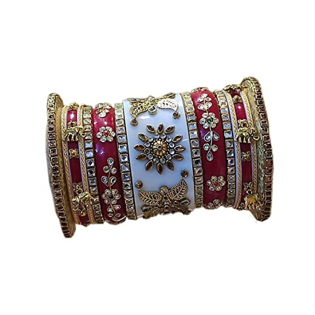 Alfatex Rajwadi Indian Red & White Suhag Chura Punjabi Style Hanging Metal Elephant Figure Bangles Set Pakistani Party Wear Eid Chuda Chooda Patla (Red & White, 2.6 Inches)