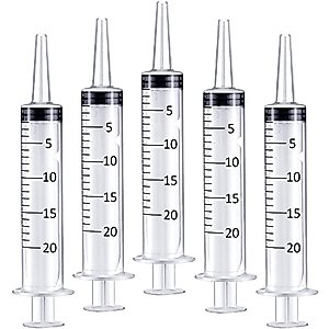 5 Pack 20ml Large Plastic Syringe, Syringe for Liquid, Oral, Scientific Labs, Measurement, Feeding Pets, Glue or Oil or Fluid Applicator, Individual Packaged with Cap (20 ML)