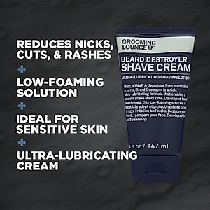Grooming Lounge Beard Destroyer Shave Cream for Men - Bump, Irritation & Razor Burn Free Shaving Cream Sensitive Skin, Men Beard Care - Soft, Smooth, Easy Glide Low Shaving Foam Lather Formula - 5 Oz