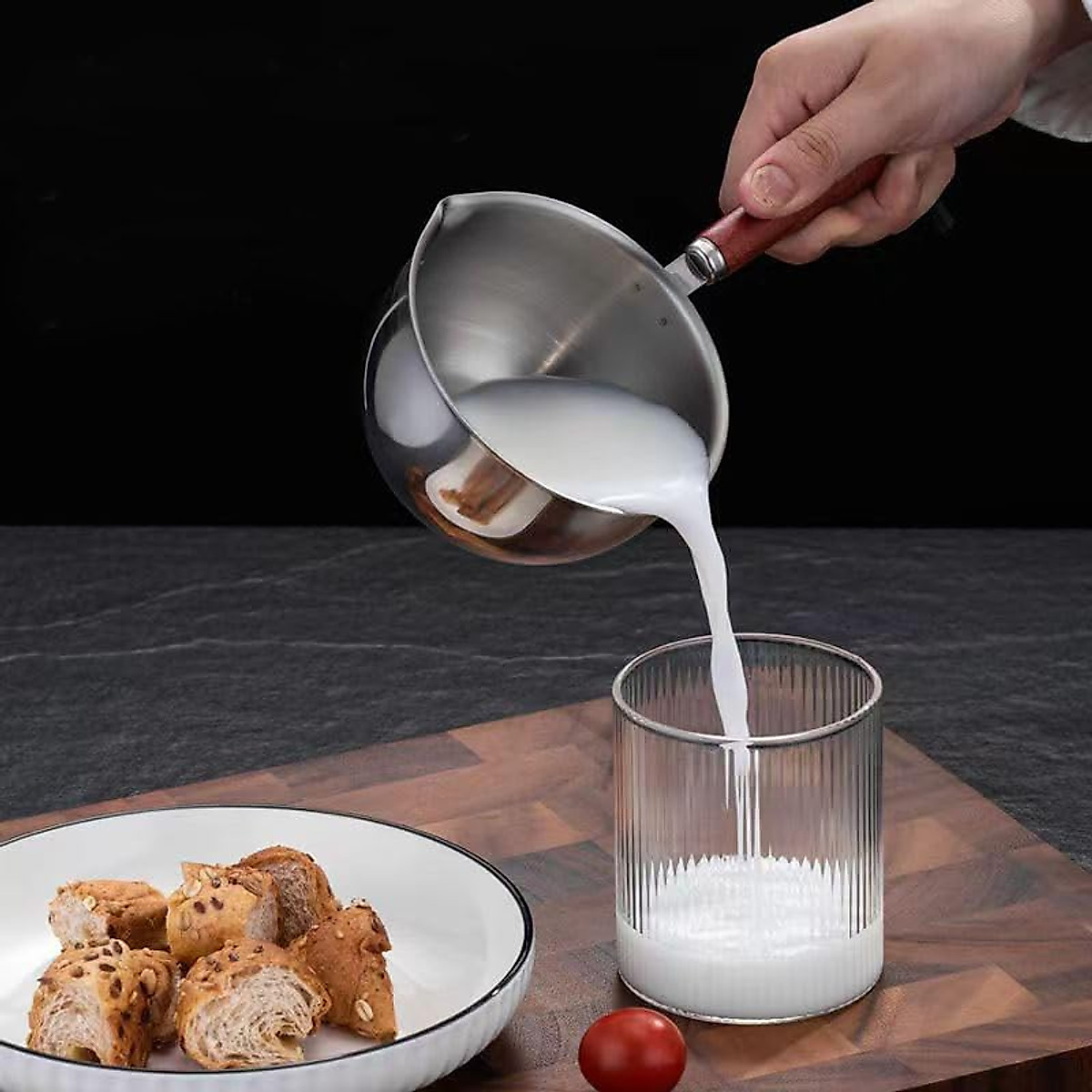 YNeedM 3Pcs Set 150ml+200ml+300ml Hot Oil Pan Stainless Steel Butter Warmer Pan Milk Warmer Pot with Wood Handle