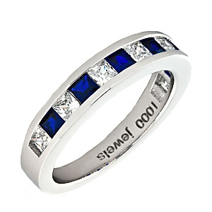 1000 Jewels Olivia B: Princess-cut SImulated Sapphire & IOF CZ Semi-Eternity Wedding Band Silver, 3132A sz 7.0
