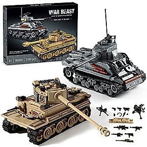WW2 Army Tank Toys Building Kit, Create a German Tiger Tank and an American M4 Sherman Tank Model, Include 1184 Blocks, Great Military Toy Gift for Boys, Kids, and Teens Age 8-14