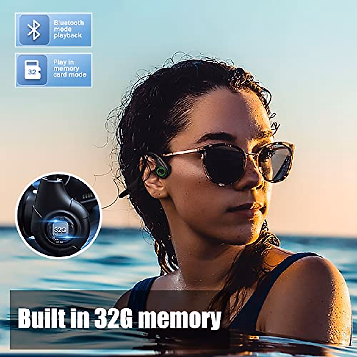 ESSONIO Bone Conduction Headphones Open Ear hradphones Bluetooth IPX7 Waterproof Headphones for Sport Open Ear with 32G Memory Running Headphones Black