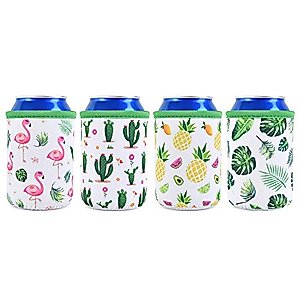 Set of 4 Neoprene Can Sleeves - Collapsible Thermocoolers Can Cooler Sleeves Tropical Summer Soda Beer Caddies for Weddings Bridal Shower Birthday Beach Bachelorette Parties