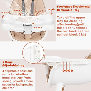 JOYMOR 5-in-1 Convertible Baby High Chair for Babies and Toddlers, Table and Chair Set, Wooden Infant Eating Highchair with Leather Seat Cushion, 4-Position Removeable & Adjustable Tray (Biege)