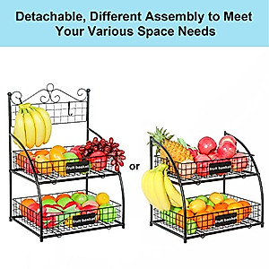 2-Tier Fruit Basket for Kitchen, Bananas Hanger Hook Holder &Countertop Tiered Fruit and Vegetable Storage Bowl Stand, Detachable, Easy to Assemble, Large Capacity for Home Kitchen Organizer-Black