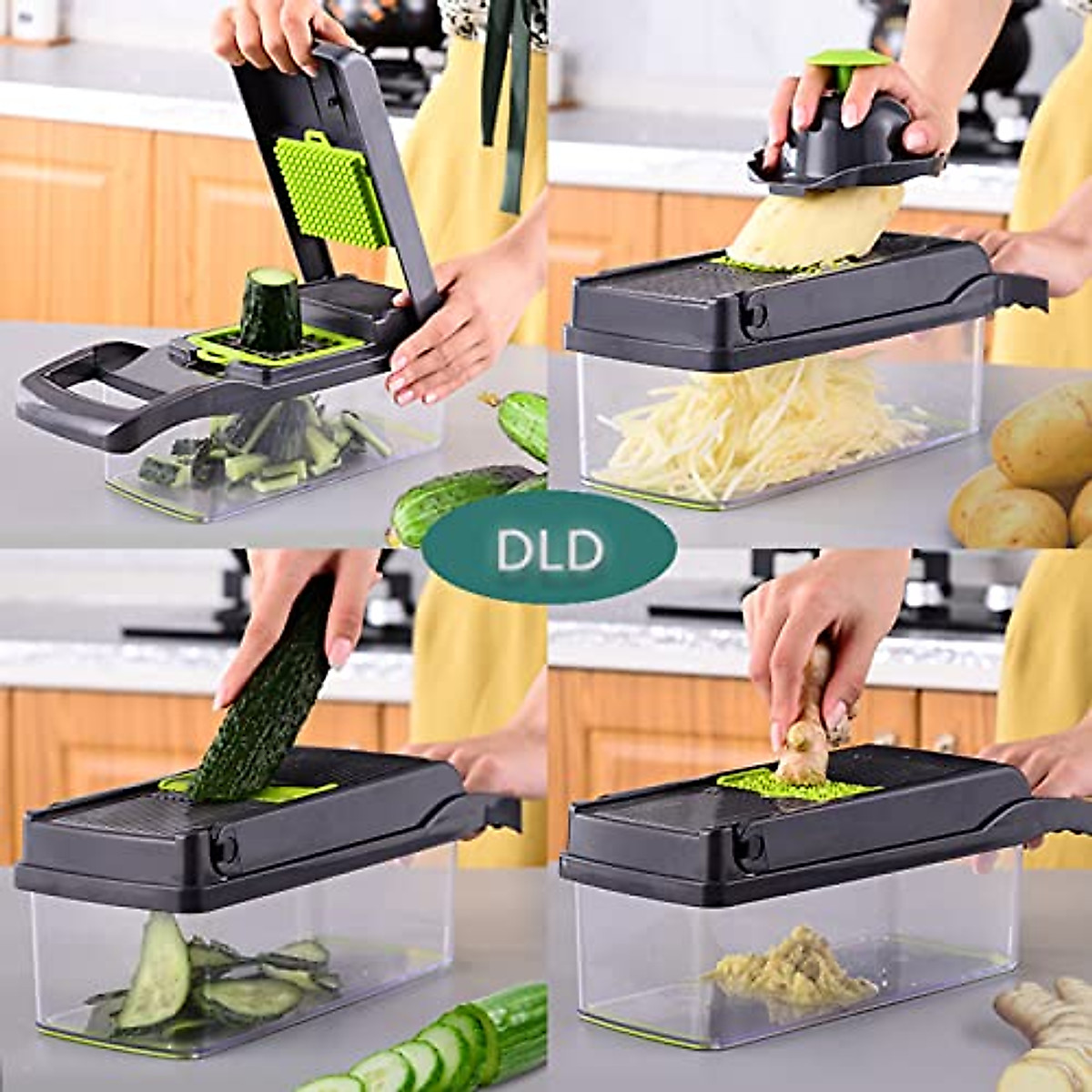 DLD 12 in 1 multi-function vegetable and fruit chopper kitchen multi-function diced vegetable artifact potato shredded grater grater household potato chip sliced grater GRAY, Black, 12.5*4.5*4.5