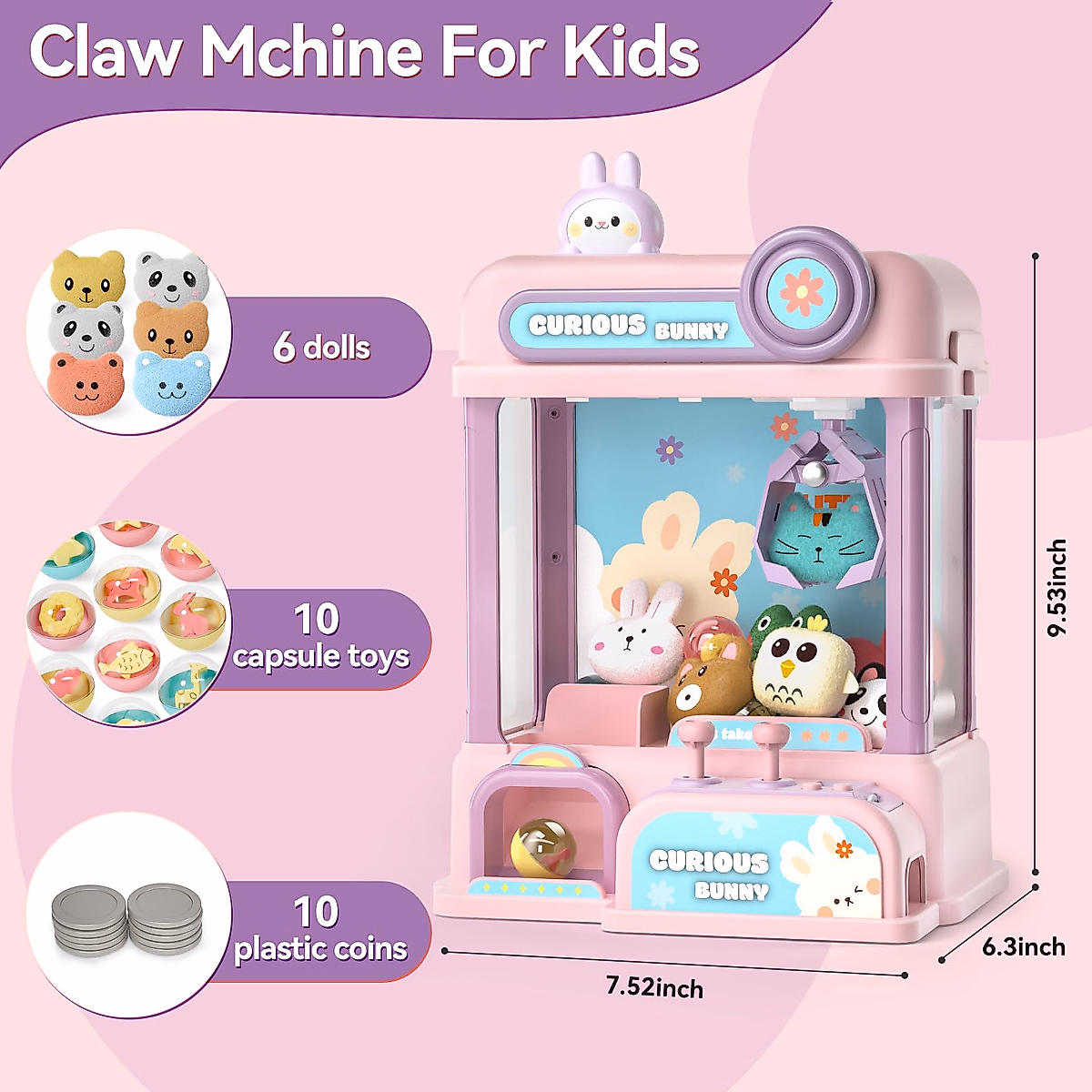 DOLIVE Claw Machine Doll Capsule ,Kids Machines with 6 Dolls 10 Capsule Toys, Grabber Plush, Electronic Adjustable Sounds and Music, Dispenser Arcade Game Toys for Boys Girls