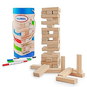 OMNIBLOKS Tumbling Tower Game with 54 Blank Tumbling Blocks, 4 Coloring Markers - Tabletop Wood Block Game Tower Kids Stacking Game - Indoor Party Games - Family Game Night, Kids Games 3+