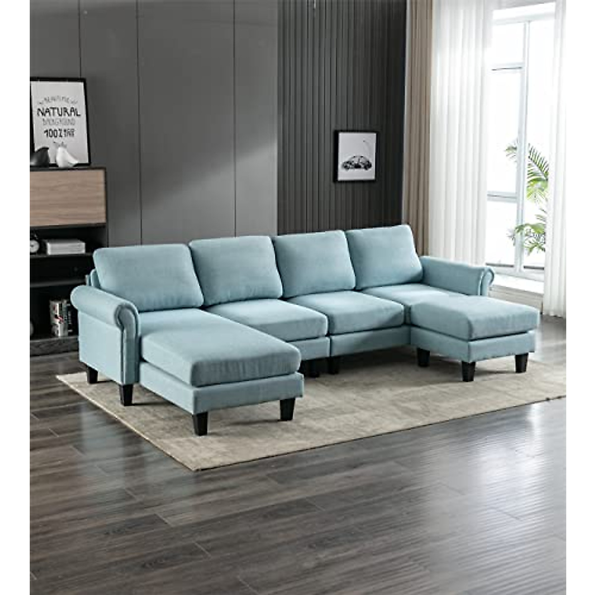 Sectional Sofa Set,Living Room Sofa Set Modular Sectional Sofa with Reversible Chaise,U-Shaped Sofa Sleeper with Ottoman,Multifunctional Sectional Couch for Living Room Apartment Office,Light Blue
