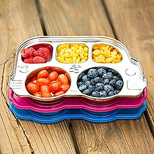 Innobaby Stainless Bus Plate with Airtight Sectional Lid, The Original, Leak-Resistant Divided Platter, Mom Invented Fun Shape Plate Din Din SMART for Babies, Toddlers and Kids, BPA Free Plate, Orange