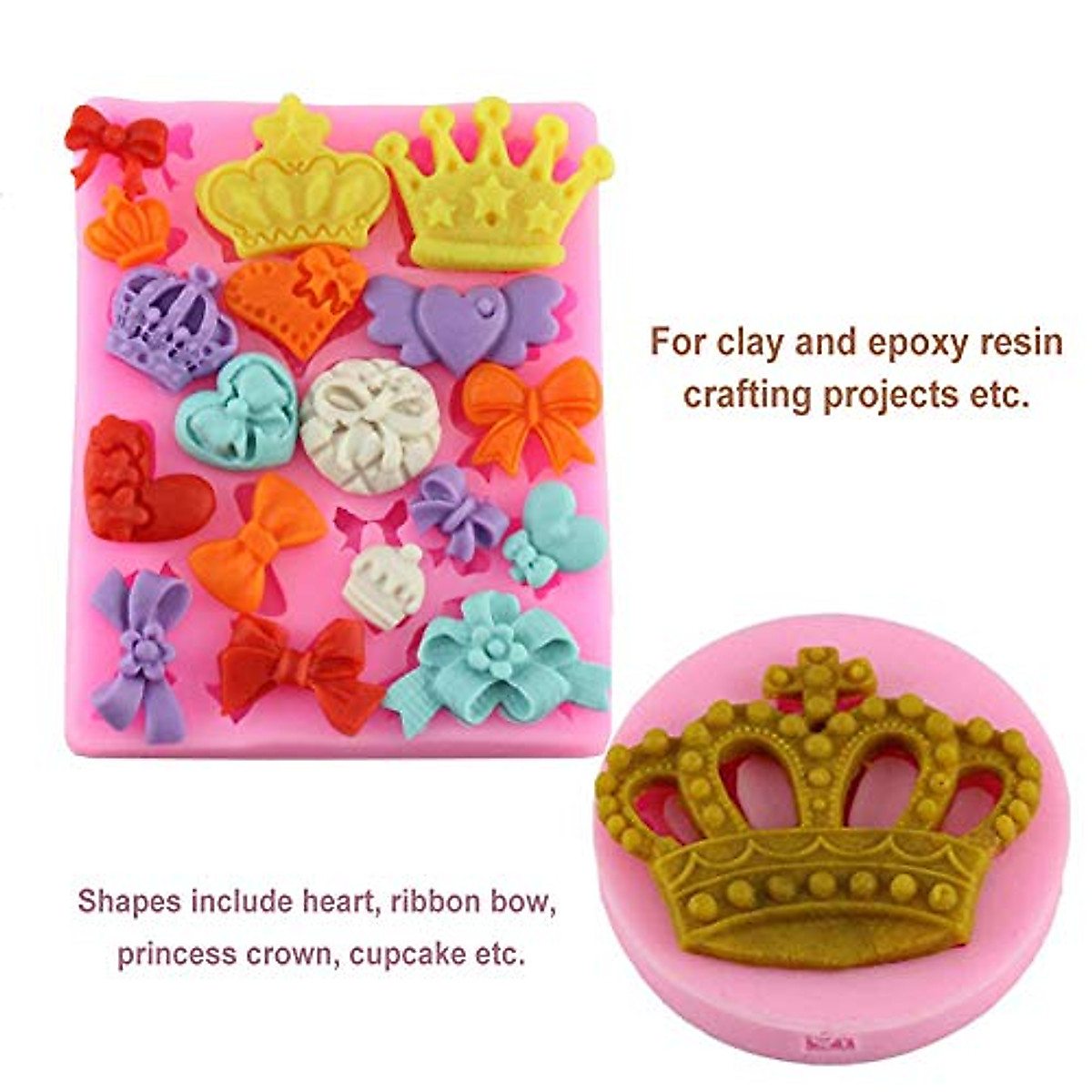 SIMUR 4 Pack Crown Fondant Candy Silicone Molds Bows Crown Heart Mold for Sugarcraft, Cake Decoration, Cupcake Topper, Chocolate, Pastry, Cookie Decor, Jewelry, Clay, Epoxy Resin, Crafting Projects