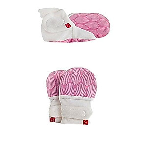 goumikids Organic Mitts & Booties Bundle, Soft Stay On Scratch Proof Mittens and Adjustable Baby Booties (Leaves/Pink, 0-3 Months)