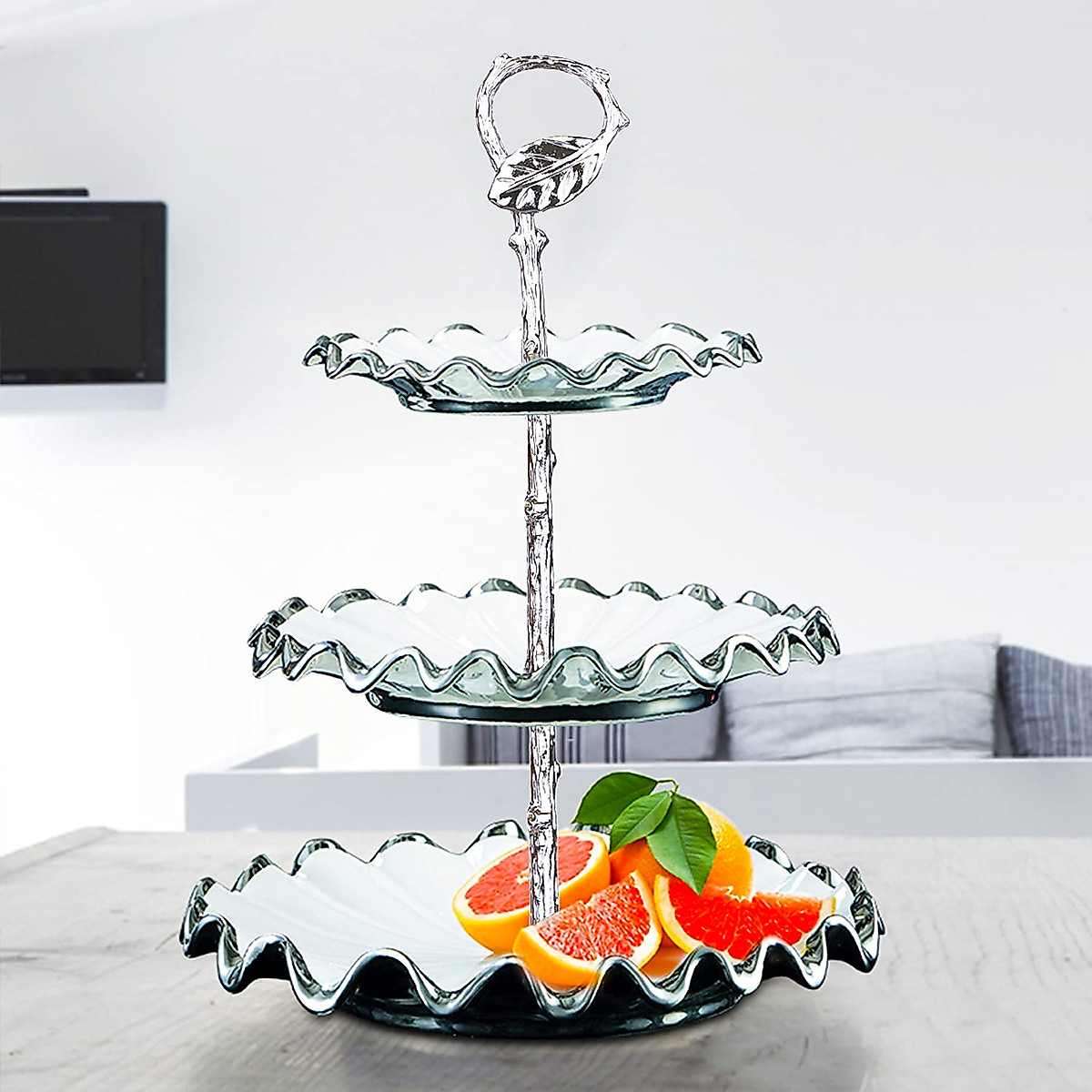 3-Tier 13.5’’ Cupcake Stand Hardware Fittings, Metal Mold Crown Holder DIY Making for Fruit Plate Cake Stand Snack Tray Replacement Parts for Tea Party Wedding Decoration (3 Sets - Silver Leaf)