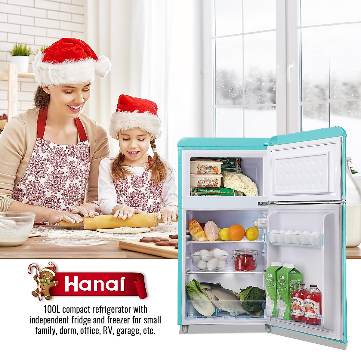 WANAI 3.5 Cu.ft Compact Refrigerators Mini Fridge with Freezer Blue Small Fridge Dual Door Classic Retro Refrigerator Removable Glass Shelves Adjustable Thermostat for Home Office Dorm RV