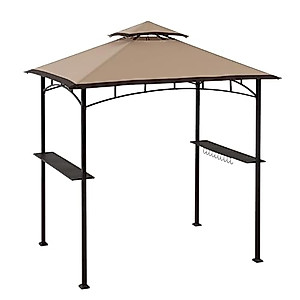 Sunjoy 5 x 8 ft Grill Gazebo with Double Tiered Canopy Roof, Black Steel Frame Grill Gazebo for Outdoor, Patio, Garden, and Backyard Activities, Tan and Brown