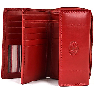 Ladies Soft Nappa Leather Zip-around Wallet, Double Credit Card Swing Section (Dark Red)