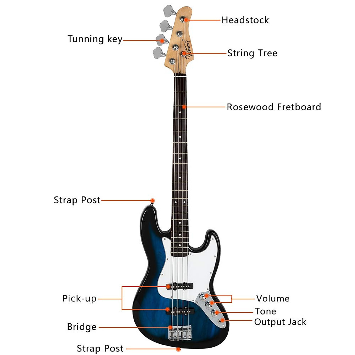 Glarry Gjazz Electric Bass Guitar 4 String Full Size for Beginner Right Hand with Shoulder Strap, Wrench Tool, Power Line and Bag (Dark Blue)