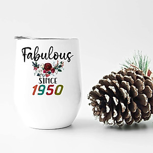 PAW8888 Fabulous Since 1950 74th Birthday Wine Tumbler Gifts for Her, Women, Wine Glass with Lid Birthday Gift Friend Coworker Wife Sister, Grandma, Bestie Christmas Gift - White