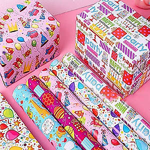 Large Sheet Birthday Wrapping Paper Sheet for Kids Girls Adults 6 Pack Folded Flat Traditional Colorful Design Gift Box Wrap for Birthday Party 74 X 50cm