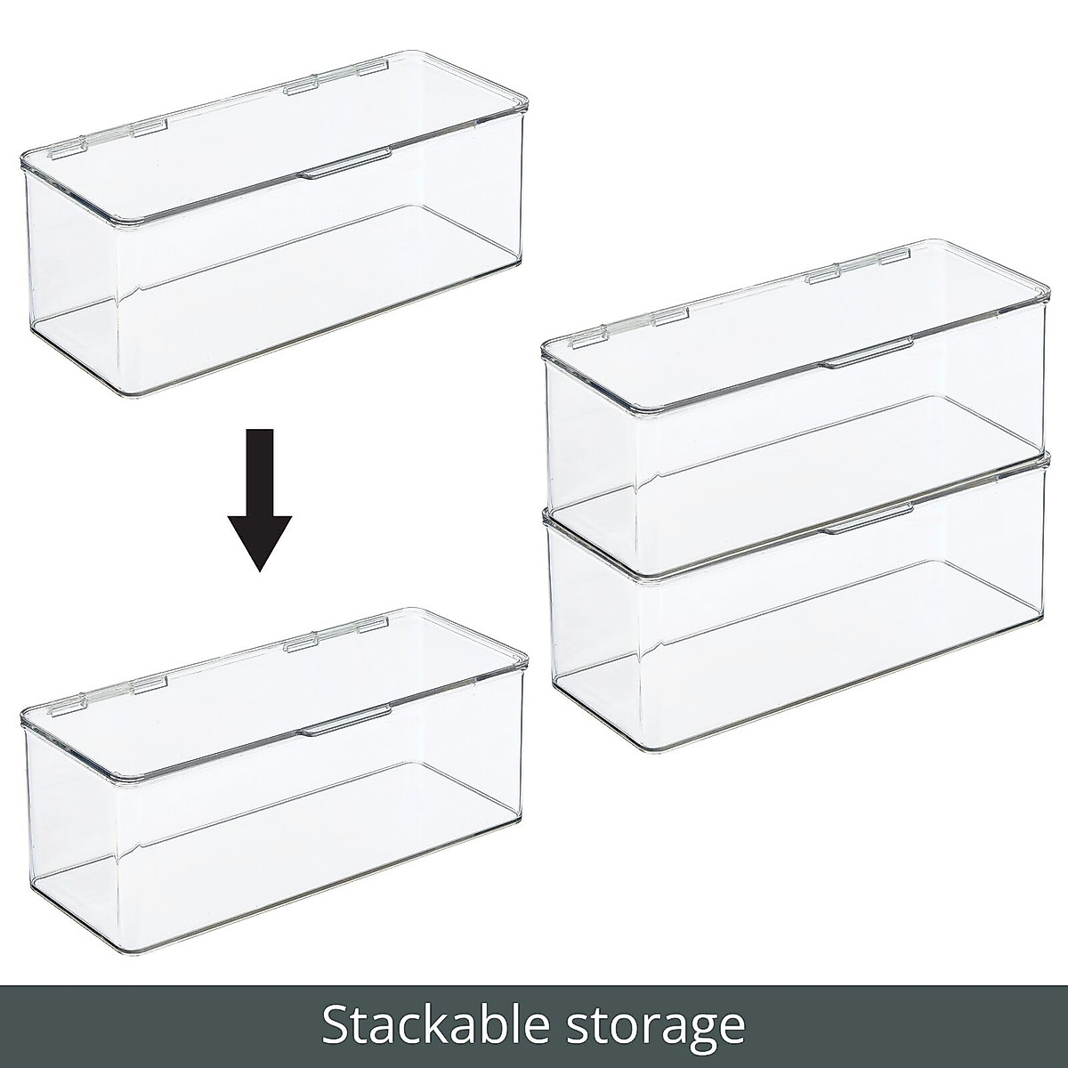 mDesign Plastic Kitchen Pantry and Fridge Storage Organizer Box Containers with Hinged Lid for Shelves or Cabinets, Holds Food, Snacks, Canned Drinks, Seasoning, Condiments, or Utensils, 4 Pack, Clear