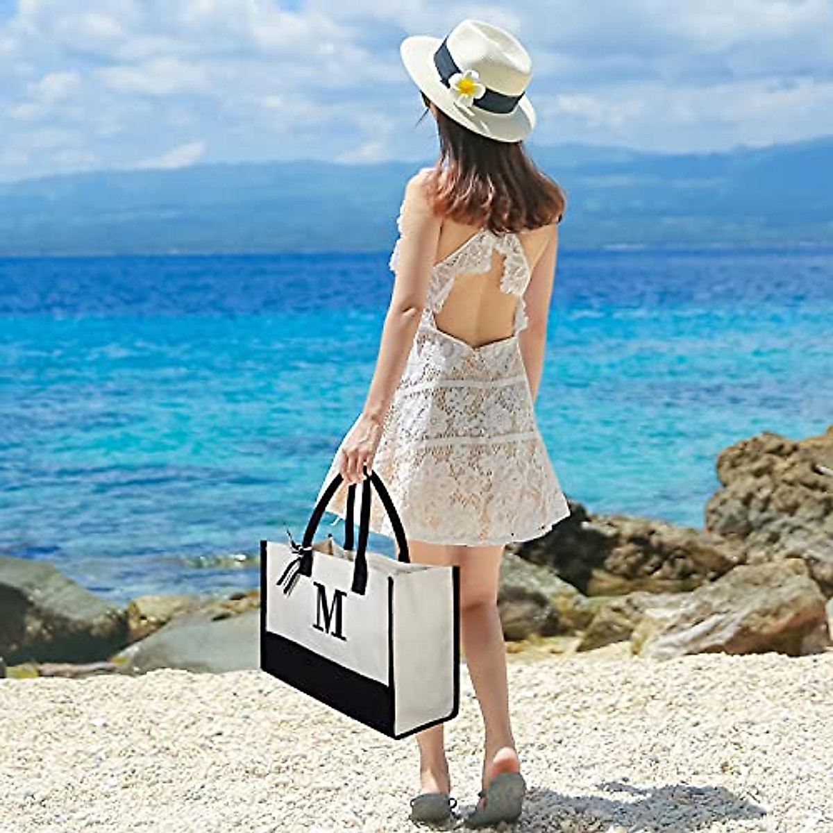 TOPDesign Embroidery Initial Canvas Tote Bag, Personalized Present Bag, Suitable for Wedding, Birthday, Beach, Holiday, is a Great Gift for Women, Mom, Teachers, Friends, Bridesmaids (Letter M)