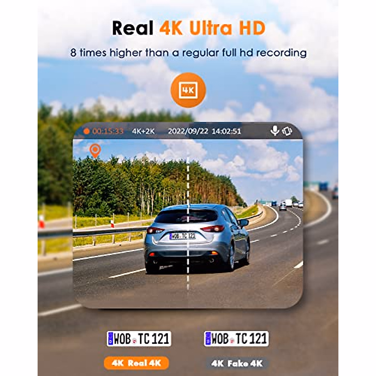 LAMTTO 4K Dash Cam Built in WiFi GPS, 4K+ 2K Front and Rear Dash Camera for Cars, Car Camera with 3.16" Touch Screen, Dual Sony Night Vision, Voice Recognition,170° Wide Angle, APP, 64GB Memory Card