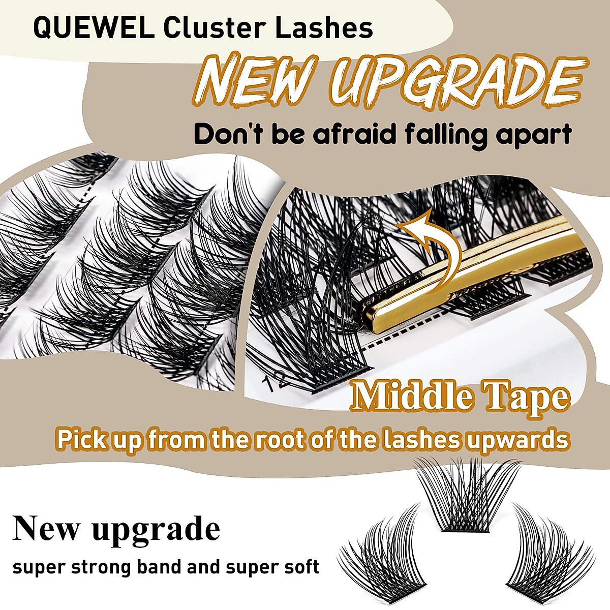 QUEWEL Cluster Lashes 72 Pcs Wide Stem Individual Lashes C/D Curl 8-16mm Length + Lash Bond And Seal, Lash Cluster Glue For DIY Eyelash Extensions