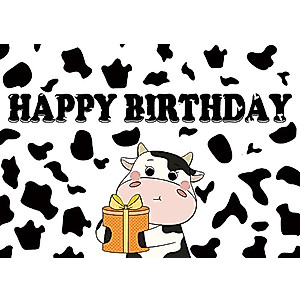 Cartoon Cow Happy Birthday Photography Backdrops Black and White Cow Figure Photo Background for Kid's Birthday Party Decor Newborn Baby Shower Banner Props Supplies 5×3FT