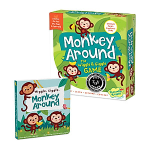 Peaceable Kingdom Monkey Around Toddler Game & Wiggle, Giggle, Monkey Around! Board Book Set – Encourage Movement, Gross Motor Skills and Interactive Play