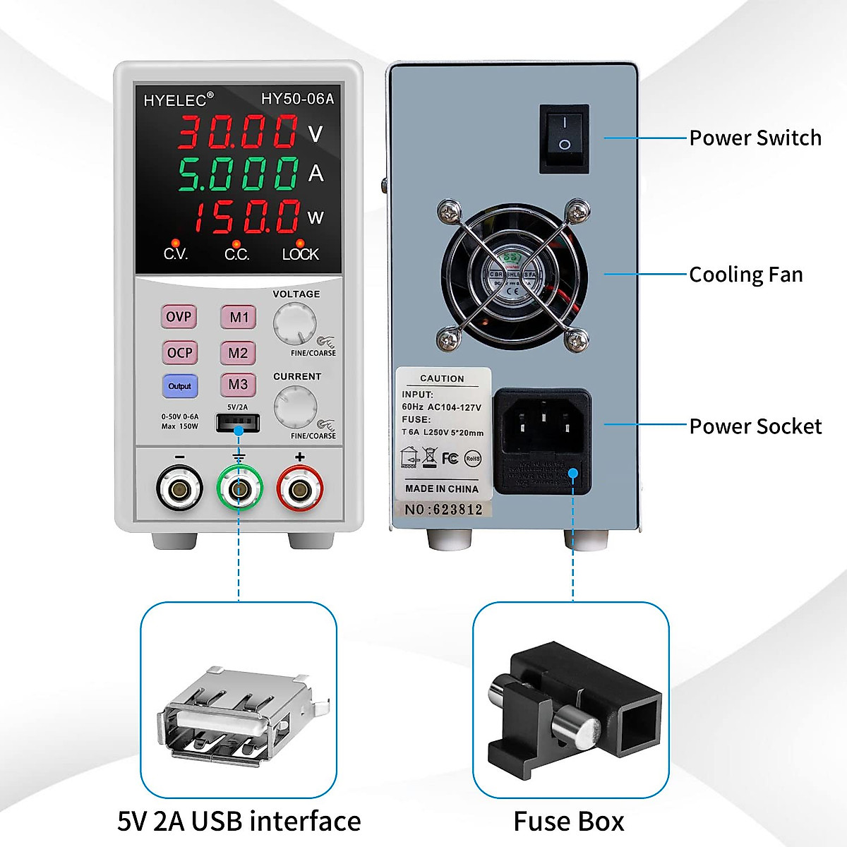 HYELEC DC Power Supply,50V 6A 150W Switching Regulated Bench Power Supply with Memory, 4-Digit LED Display, 110V Input Voltage, 5V2A USB Interface, Coarse and Fine Adjustments
