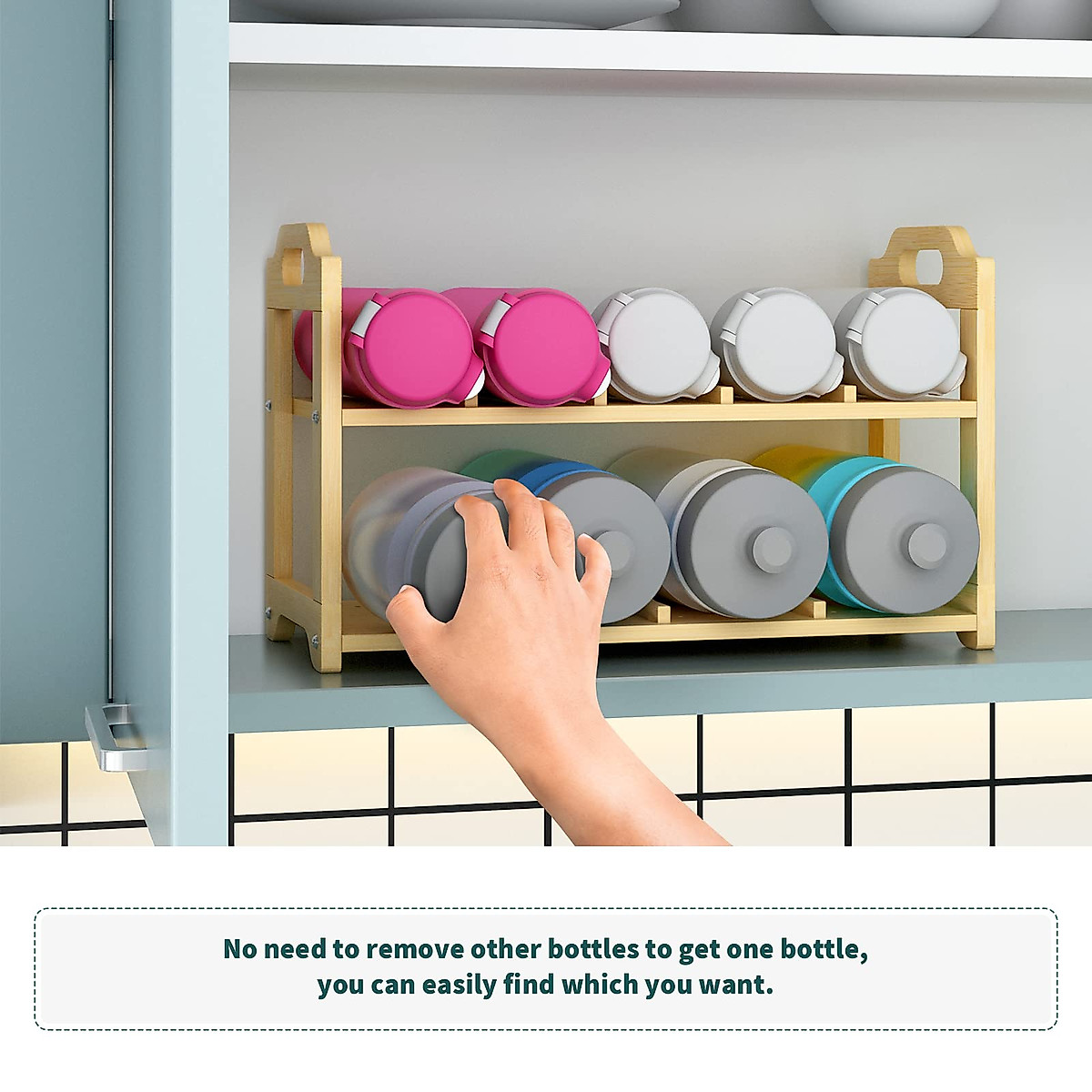 KOK KAY Water Bottle Organizer, Stackable Wine Rack Storage, 2 Layers Holds up to 10 Bottles, Adjustable Bamboo Water Bottle Storage Organizer Rack