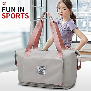 holygloomy Large Capacity Folding Travel Bag, Dry&Wet Separation Handle Shoulder Bag Women Storage Lightweight Waterproof Foldable Carry Luggage for Sports, Gym, Vacation, Grey Pink, 42x28x22cm