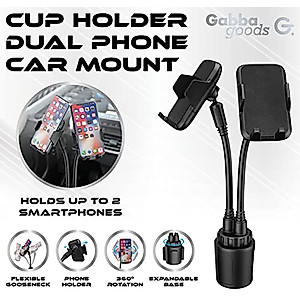 Gabba Goods Dual Phone Holder for Car Cup Holder – Long Flexible Neck, 360° Rotatable Car Phone Mount - Adjustable Cell Phone Cup Holder, Universal Size Fits 2 iPhone, Samsung, GPS and More
