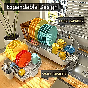 Genteen Dish Drying Rack, Dish Racks for Kitchen Counter Expandable Dish Drainer with Stainless Steel Cutlery Rack and Utensil Holder, Drying Rack for Kitchen Counter in White