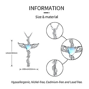 Midir&Etain Angel Necklace 925 Sterling Silver Moonstone Angel Wings Cross Pendant Necklace Hypoallergenic Moonstone Angel Cross Jewelry Gift for Women