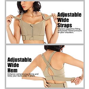 TECOX Zip Front Adjustable Sports Bras for Women High Impact Support Post Surgery Compression Bra with Adjustable Straps Front Zipper Cross Back Wireless Padded Running Workout Sports Bra Grey