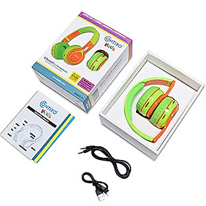 Contixo KB-2600 Kids Over Ear Foldable Bluetooth Headphones - Kids Safe 85dB with Volume Limiting - Built-in Microphone - Micro SD Card Slot - FM Stereo Radio - Phone Controls (Green + Orange)