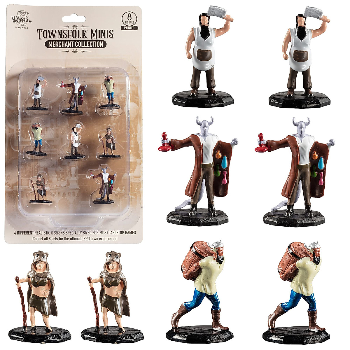Monster Townsfolk Mini Fantasy Figures - Merchants - 8pc Hand-Painted Non Player Character NPC Miniatures - 1" Hex-Sized Compatible with DND Dungeons Dragons, Pathfinder, RPG Games