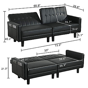VUYUYU Futon Sofa Couch Bed, Faux Leather Loveseat Couches for Living Room, Mid-Century Modern Tufted Convertible Love Seats Recliner Sleeper Sofa for Small Space with Armrest/Side Pockets
