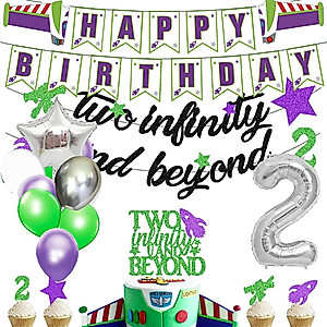 HEETON Two Infinity and Beyond Banner and Buzz Cake Topper Light year Toy Inspired Story 2nd Birthday Balloons Party Supplies Decoration Photo Prop for Girl Boy Baby Bday