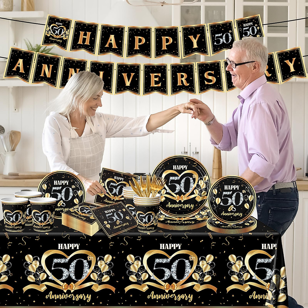 50th Anniversary Decorations Tableware Set, 142Pcs Black Gold 50th Anniversary Plates and Napkins,Cups,Banner,Happy 50th Anniversary Tablecloth for 50th Wedding Anniversary Party Supplies