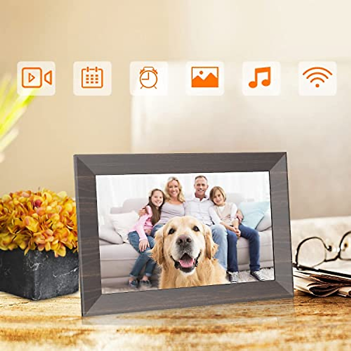 Digital Picture Frame 10.1 inch Frameo WiFi Digital Frame Electronic Picture Frame Wood Frames HD IPS 32GB Memory, Automatic Rotation Slide Show Adjustable Brightness, iOS and Android App