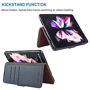 KEZiHOME Genuine Leather Wallet Case for Samsung Galaxy Z Fold 3 5G, RFID Blocking, Card Slots, Flip Kickstand Phone Cover (Navy Blue/Brown)