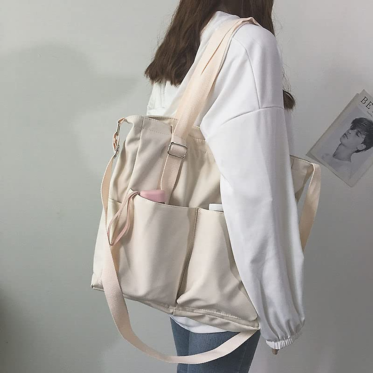 Waterproof Tote Bag with Zipper Hobo Bags for Women Canvas Crossbody Tote Aesthetic Large Handbags Fairy Grunge Clothes (Beige)
