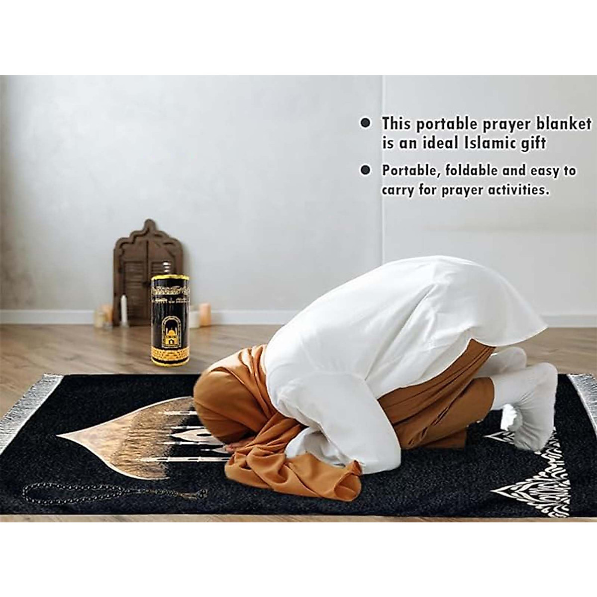 UUSOWARM Muslim Prayer Rug & Beads Set with Stylish Cylinder Gift Box Janamaz Sajadah Ultra-Soft Taffeta Prayer Mat Perfect Islamic Spiritual Gift for Ramadan Islamic Mosque Dome Pattern Black