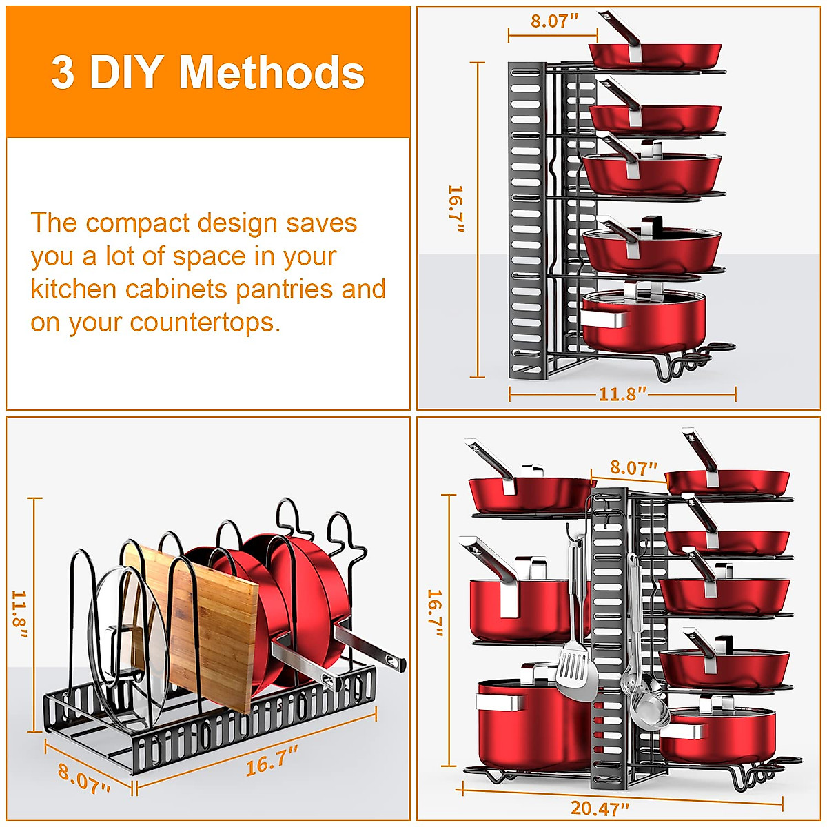 LeeWent Pots and Pans Organizer for Cabinet with 2 Hooks, Adjustable Pot and Pan Organizer Rack for Cabinet 8 Tiers Durable Steel Construction Pot Rack Space Saving Kitchen Storage