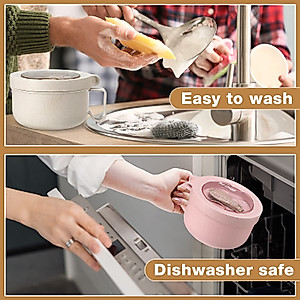 3 Pcs Wheat Straw Soup Bowls with Spork Large Soup Mugs with Lids Instant Ramen Noodles Bowl Soup Cup with Handle Instant Cooking Bowls for Travel Food Containers, Beige, Pink, Green, 28.74 oz