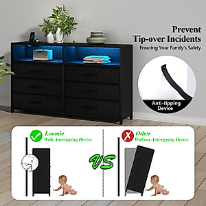 Loomie 6 Drawers Dresser with Power Outlets and LED Lights, Black Dresser with 2 Top Cubby, Tall Wide Fabric Double Chest of Drawers,Modern Dresser Tv Stand for up to 60" TV for Bedroom, Living Room