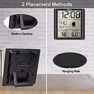 Geevon Digital Atomic Wall Clock,Auto-Set Atomic Clock with Indoor Outdoor Temperature,Calendar,Moon Phase for Home Office Elderly(1 Wireless Outdoor Sensor)